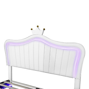 P PURLOVE Cute Princess Bed with LED Lights for Kids,Queen Size Platform Bed with Crown Headboard,Platform Bed Frame with Wood Slats for Girls,Kids,Teens