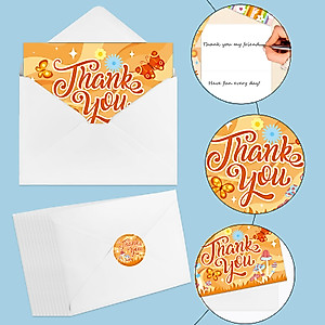 Qpout 24 Pack Groovy Retro Hippie Thank You Cards Boho Rainbow Flower Greeting Cards with White Envelops and Matching Sealing Stickers for Thanksgiving Birthday Thank You Theme Party Supplies