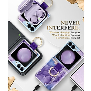 Vowodu Marble Case for Samsung Galaxy Z Flip 5 Case with Ring, [Precise Camera Protection]+[1*Screen Protector], Wireless Charging Anti-Scratch Shockproof Case for Z Flip 5 5G (Blue Purple)