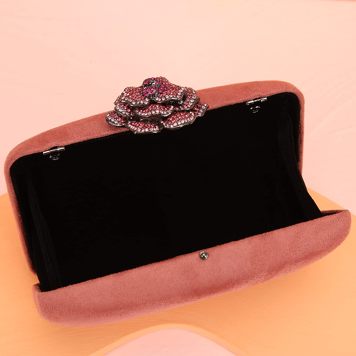 Fawziya Evening Clutch Bling Rhinestone Rose Velvet Novelty Medium Purses For Women Formall-Pink