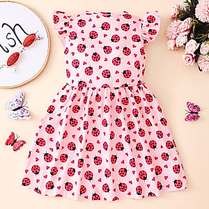 Girls Ladybug Dress Short Sleeve Ruffle Sundresses Kids Summer Outfits Animal Print Clothes Toddler Pink Swing Dresses 2-3 Years Old