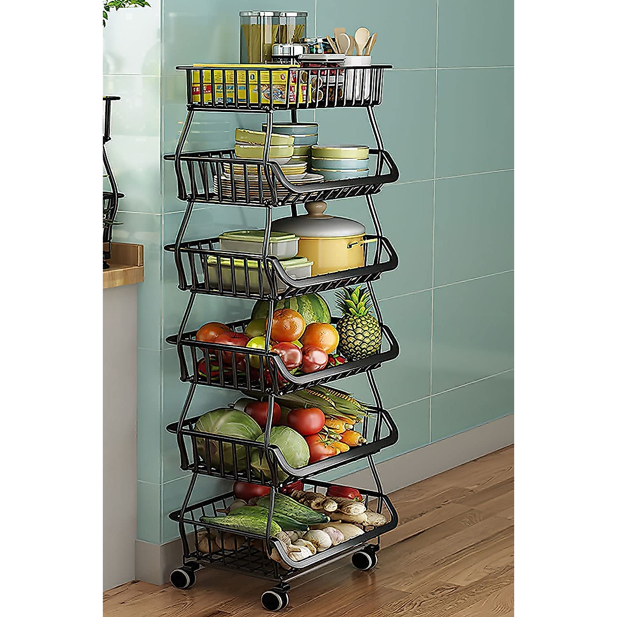 Kitchen Metal Storage Basket with Wheels Stackable Wire Utility Rolling Cart Vegetable Fruit Baskets Rack for Pantry,Potato,Onions,Beverages Storage(6 Tiers)