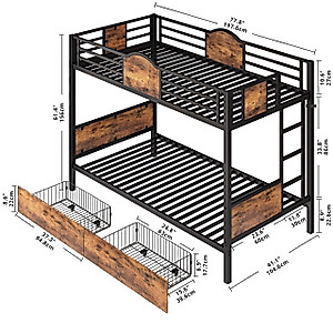 LIKIMIO Bunk Bed Twin Over Twin with Ladder and MDF Board Guardrail, Twin Bunk Beds with 2 Storage Drawers, Space-Saving, Noise Free, Black