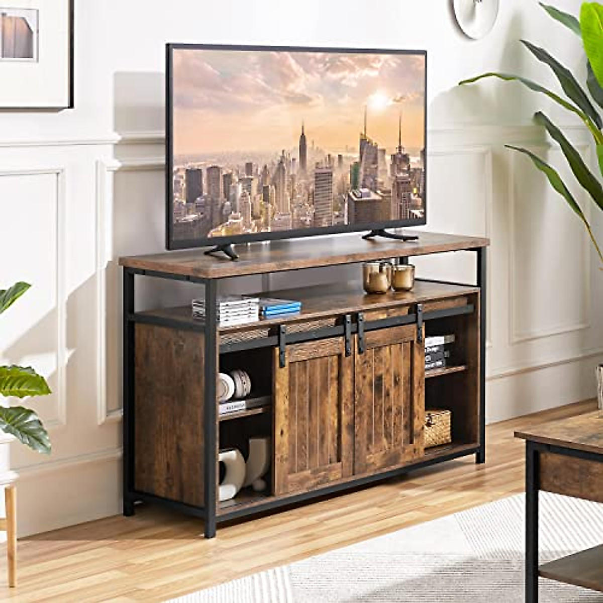 Yaheetech Rustic TV Stand with 2 Storage Cabinets for 55 Inch TV, Entertainment Center with Sliding Barn Doors & Height Adjustable Shelves, TV Console for Living Room