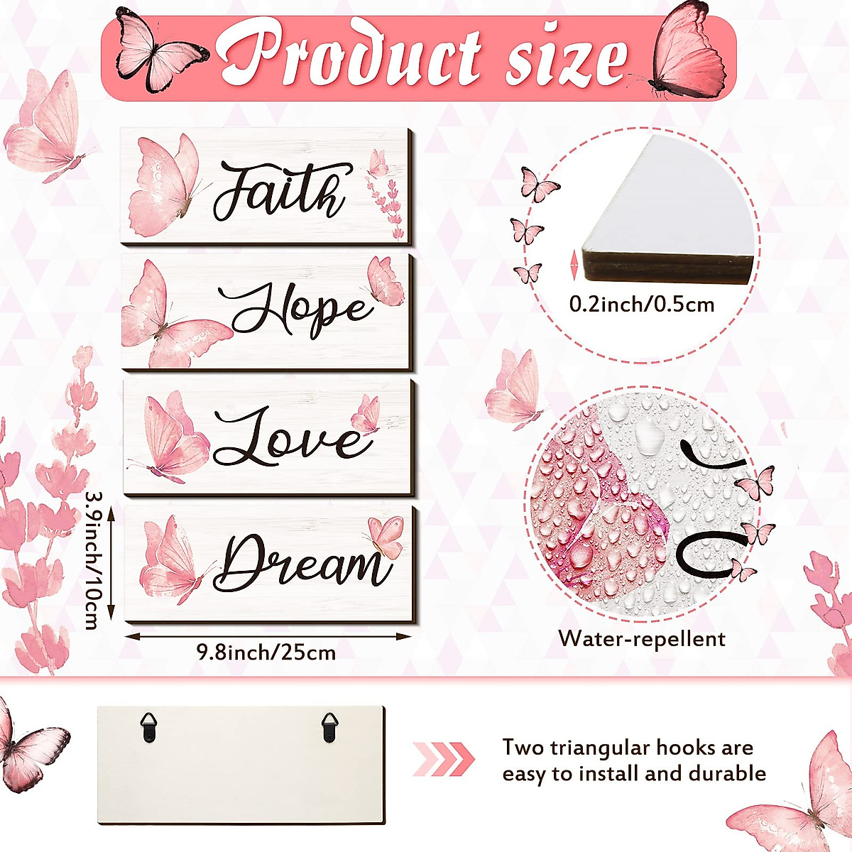 4 Pieces Faith Hope Love Dream Wall Decor Elegant Spring Butterfly Wooden Hanging Decoration Art Butterfly Room Wall Rustic Living Room Accessories for Bedroom Decor(10 x 4 x 0.2 Inch,Pink)