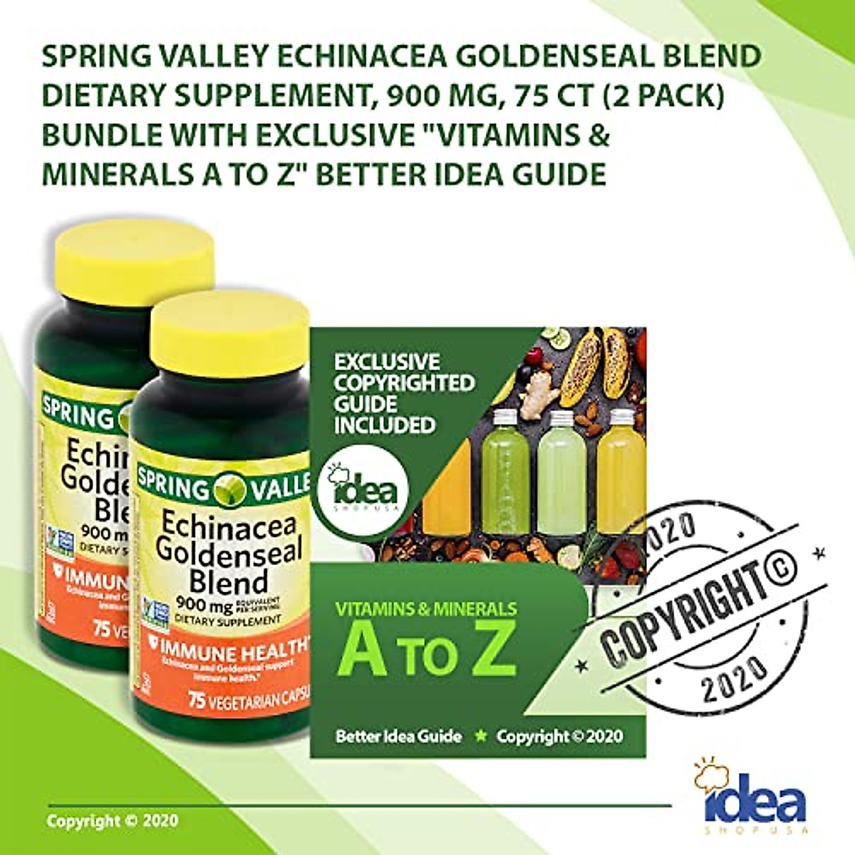 Spring Valley Echinacea Goldenseal Blend Dietary Supplement, 900 mg, 75 Ct (2 Pack) Bundle with Exclusive Vitamins & Minerals A to Z - Better Idea Guide (3 Items)