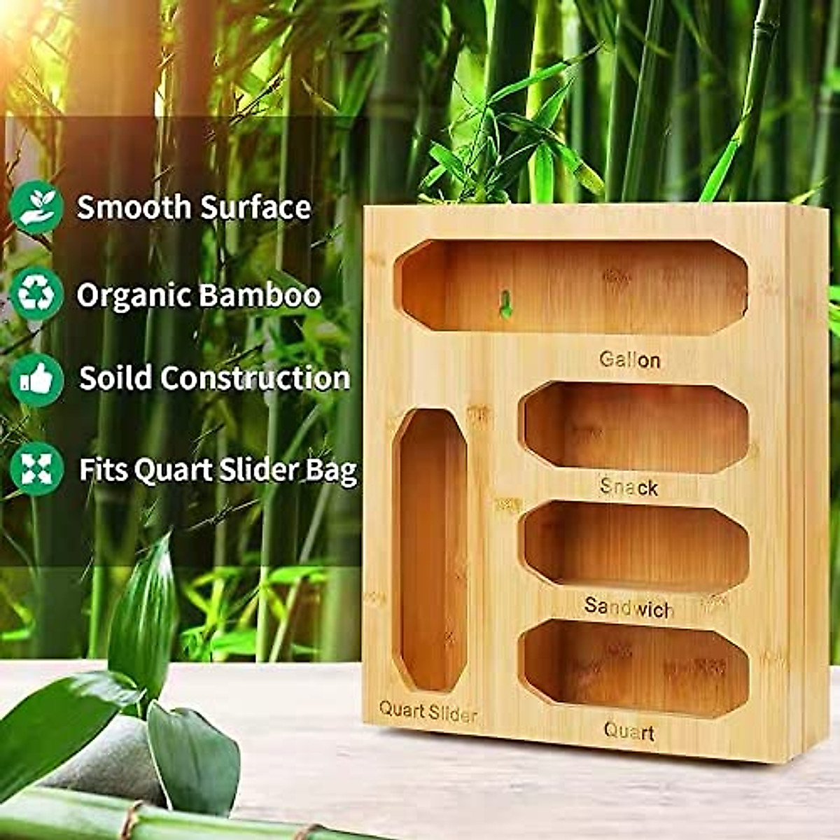 Sandwich Baggie Organizer, 5 Slots Ziplock Bag Storage Organizer, Bamboo Ziplock Bag Storage Organizer, for Kitchen Drawer & Wall Mount, Suitable for Gallon, Quart, Sandwich, and Snack Bags