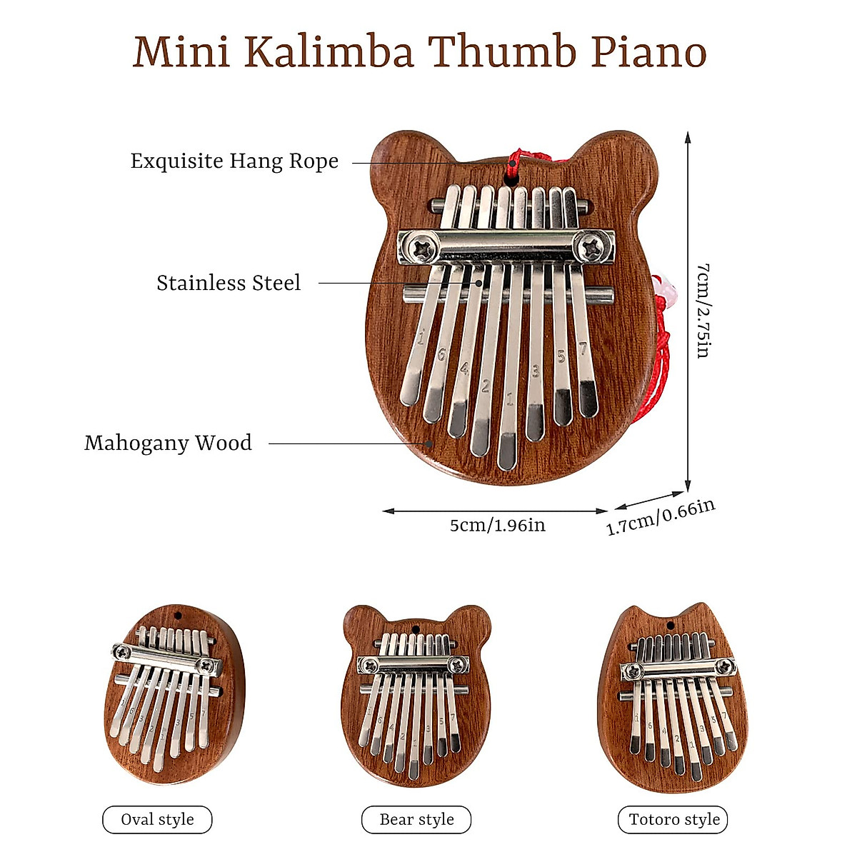 Mini Thumb Piano, 8 Key Mini Kalimba Finger Piano, Portable Marimba Musical Thumb Piano with Lanyard, Solid Wood Musical Good Accessory Pendant Finger Piano Gift for Kids & Adults Beginners (Bear)