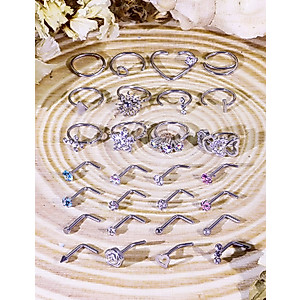 Ocptiy 18G Nose Rings Studs Hoop Piercing Jewelry for Women Stainless Surgical Steel Hypoallergenic L Shaped Cute Nose Rings Bend Curved Cubic Zirconia Nose Nostril Ring Stud Piercing Jewelry Men 2MM