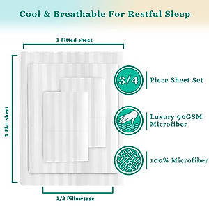 JOOKI Striped Bed Sheets Set Full, 100% Microfiber Full Size Sheets Set Luxury Hotel Soft Cooling Sheets, 16" Deep Pocket Sheets, Breathable Wrinkle Free 4 Piece Bedding, White