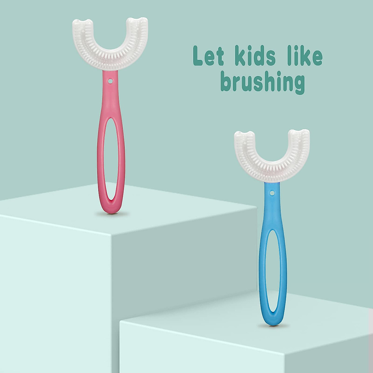 ETHCOOL Kids U-Shaped Toothbrush Food Grade Soft Silicone Brush Head 360° Oral Teeth Cleaning Design for Children Manual Training Toothbrush Easy Grip for Toddlers Blue Pink (Age 6-12)