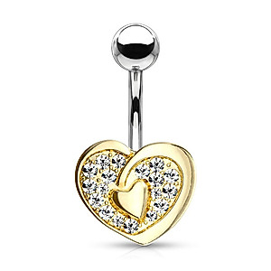 Forbidden Body Jewelry Surgical Steel Fancy Pave CZ Double Heart Belly Button Ring, Gold Tone