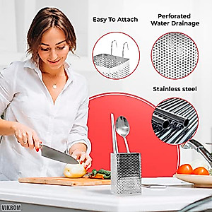 Stainless Steel Utensil Holder for Kitchen Counter - Perforated Kitchen Utensil Holder for Countertop Chopstick Spoon Spatula Holder Dryer Rack with Hooks - Utensil Caddy for Cooking Utensils Holder