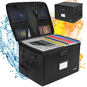 Fireproof Document Box, Water-Resistant File Organizer Box with Lock, Portable File Box with Handle Document Organizer Collapsible File Cabinets for Home Office for Hanging Letter/Legal Folder, Black
