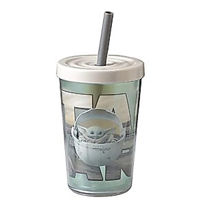 Zak Designs Star Wars The Mandalorian Double Wall Tumbler with Lid and Straw Made of Break-Resistant Plastic (Baby Yoda/The Child, 13oz, BPA Free) (SWSD-V540)