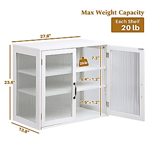 HollyHOME Storage Cabinets with 2 Transparent Rainbow Glass Doors, Wall Medicine Cabinet for Kitchen,Office,Laundry Room, Bathroom,Dining Room,Living Room Space Storage Adjustable Shelf White