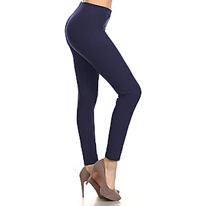 Leggings Depot Womens 1" Waistband High Waisted Solid Leggings Pants (Full Length, Navy, One Size Plus)