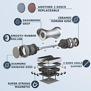 Agrilia Rolling Knife Sharpener for Straight Edges - Premium Sharpening Kit for all Knife Set - 360 & 600 Diamond - 1000 & 3000 Discs for All Hardness Levels - Gripable Aluminum Body, 4 Angles