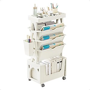 5 Tier Book Rack Storage Bookshelf, Removable Movable Unique Bookcase, Mobile Bookshelf with Wheels Utility Organizer Bookshelves for Kids Children Students Study in Bedroom Living Room School (White)