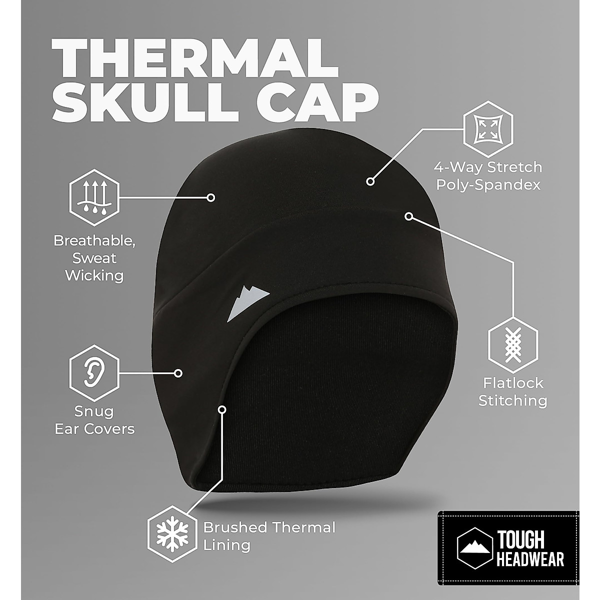 Tough Headwear Thermal Helmet Liner Skull Cap, Hard Hat Liner, Mens Beanie, Winter Cycling Cap & Running Gear, Ski Hat Black
