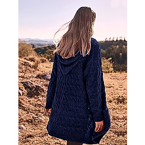 MASCOMODA Long Cable Knit Cardigans for Women 2024 Trendy Oversized Boyfriend Button Front Winter Sweater Coats with Pockets(Navy,Small)