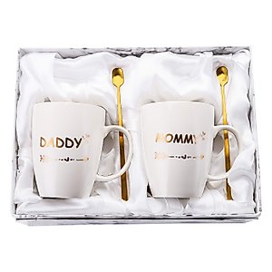 Cedilis Mom and Dad Coffee Mug Set, New Mom and Dad Gifts New Parents Gifts, Mother Father Ceramic Mugs Cups from Daughter Son, Exquisite Box Package with Spoons for Christmas, White, 15oz