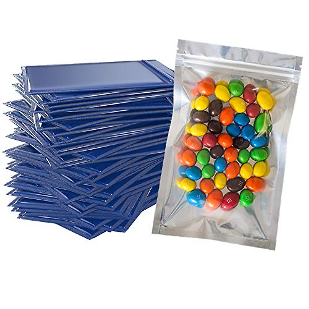 BYRDIES BAGS - Smell Proof Mylar 100 Count Resealable Heat Seal Food Safe Storage Pack With Clear Window - For Snacks Treats Jewelry Crafts Beads (3X4 inch, Blue)