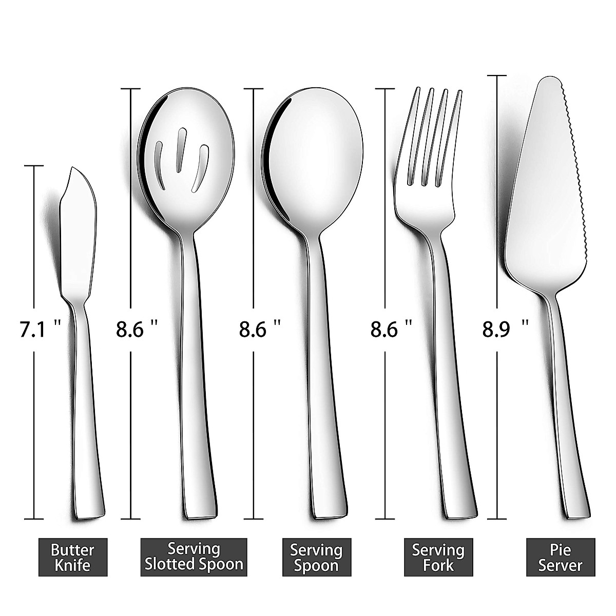 Homikit 5-Piece Silverware Serving Utensils Set, Stainless Steel Square Flatware Hostess Set Include Pie Server Serving Spoons Butter Knife Serving Fork, Dishwasher Safe, Mirror Polished