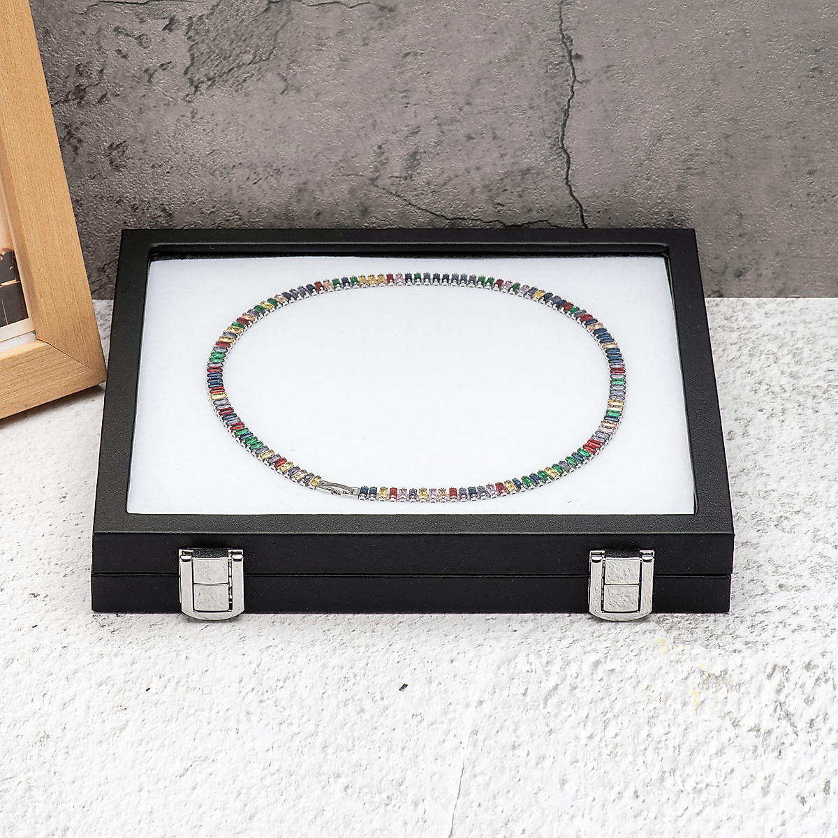 Giftop Jewelry Display Case Tempered Glass Top Lid Black Leatherette,Gemstone Display Case Jewelry Storage Box with Metal Clasp (Large)