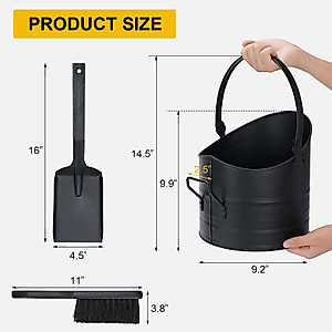 Coal and Ash Bucket with Shovel and Hand Broom, 2-Gallon Portable Pail Metal Bucket Pellet Carrier, Wood Pellet Storage Container, Tool set Accessories for Fireplace, Fire Pit, Wood Burning Stove