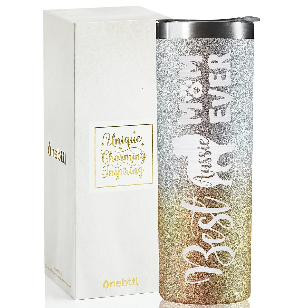 Onebttl Australian Shepherd Gifts for Women, Aussie Mom Gifts, 20 oz Glitter Silver-Gold Insulated Tumbler - Best Aussie Mom Ever
