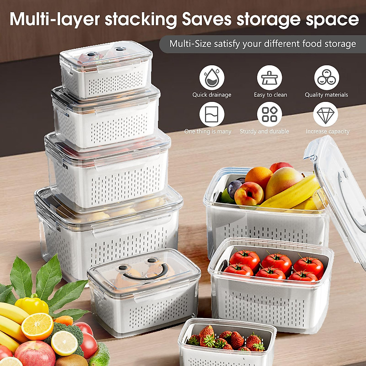 EsOfficce 4 PCS Vegetable Fruit Storage Containers for Fridge, Takeout Food Storage Containers with Removable Colander, Dishwasher Safe Produce Saver Container, Keep Fruit Vegetable Fresh Longer