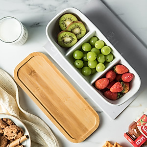 Miamolo Chip and Dip Serving Set with Acacia Wood Serving Tray, Majolica Salsa Turtles - Condiment Tray for Snacks, Appetizers, Charcuterie, Candy, Food, Divided Party Serving Trays