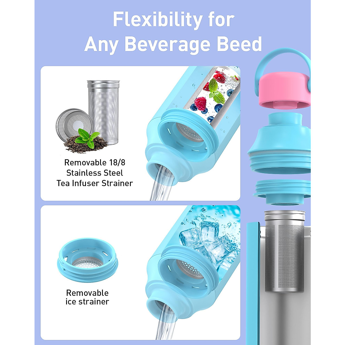 TOURIT 20 oz Insulated Water Bottle, Stainless Steel Water Bottles With Ice Strainer, Double-Wall Thermos Water Bottle, BPA Free Leakproof Thermos Bottle for Sports and Travel, Violet Mist