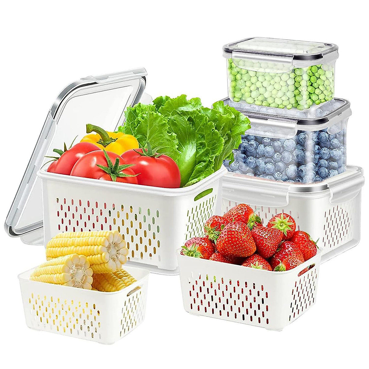 YIENOGO 4 Size Fruit Vegetable Storage Containers for Fridge with Colander and Lid Refrigerator Storage Containers Bins Organizer for Fruit Food Produce, White, YI-01F04