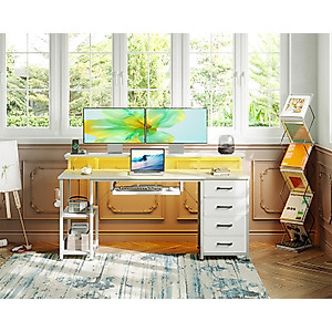 AODK 63 Inch Computer Desk with Power Outlet and LED Light, Office Desk with Fabric Drawer and Keyboard Tray, Gaming Desk with Adjustable PC Shelf and Monitor Stand, Desk for Bedroom with USB, White