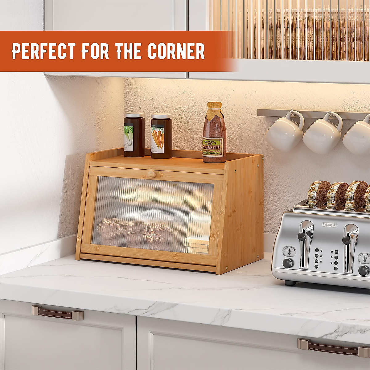 GHWIE Large Bread Box, Easy Access & Cleaning - Bamboo Bread Box for Kitchen Countertop with Acrylic Door,Natural