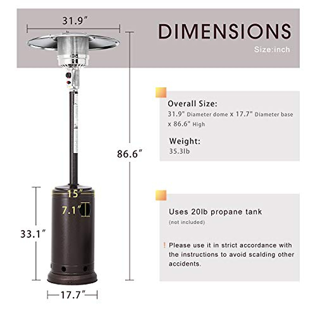 Patiomore Outdoor Propane Heater Patio Tall Standing Heater, 48000 BTU, Smooth Black