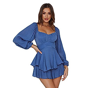Plustrong Women's Boho Off Shoulder Lantern Long Sleeve Romper Ruffle Layer Mini Short Jumpsuit(blue 025,L)