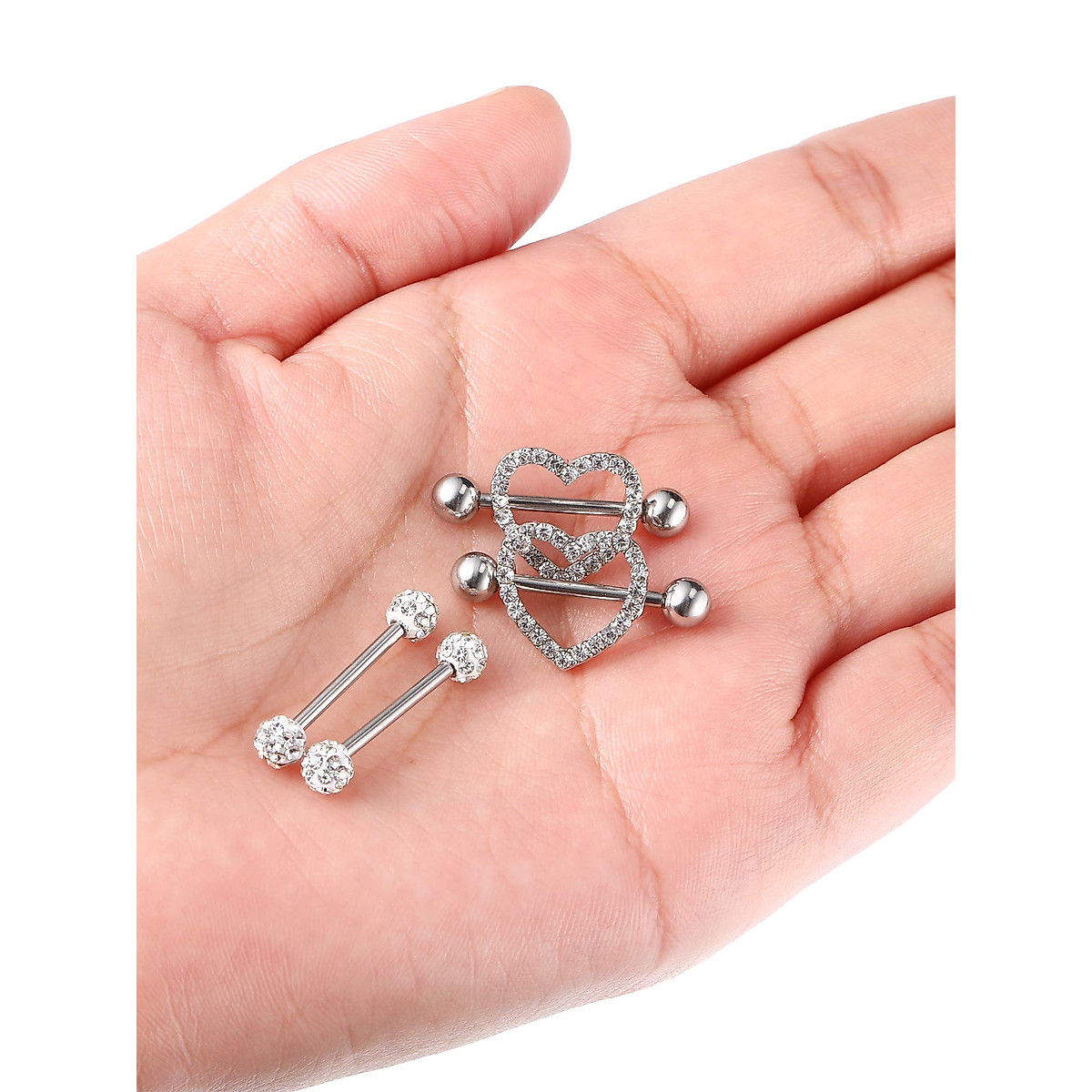 JOVITEC 2 Pairs Stainless Steel Nipple Ring CZ Barbell Rhinestone Nipple Studs for Nipple Tougue Body Piercing, 14 G (Silver)