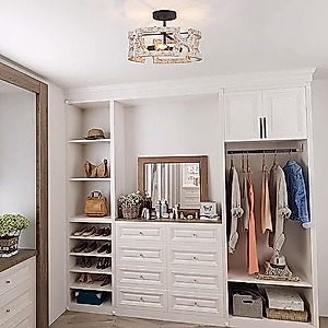 Farmhouse Wood Semi Flush Mount Ceiling Light, Distressed White Vintage Drum Close to Ceiling Light Fixture for Bedroom, Hallway, Kitchen, Dining & Living Room, Foyer and Bathroom