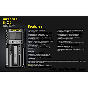 Nitecore UMS2 Intelligent USB Dual-Slot Quick Battery Charger for Li-Ion/Ni-MH/Ni-Cd/IMR 16340 14500 18650 21700 20700 AA AAA and More Batteries, with LumenTac Battery Organizer