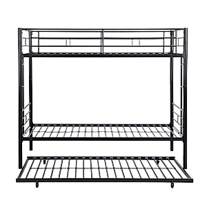 EMKK Twin Over Twin Metal Bunk Bed with Trundle Heavy Duty Bunk Beds Frame with 2 Side Ladders Convertible Bunkbed with Safety Guard Rails,Triple Metal Bunk Bed Frame, No Box Spring Needed