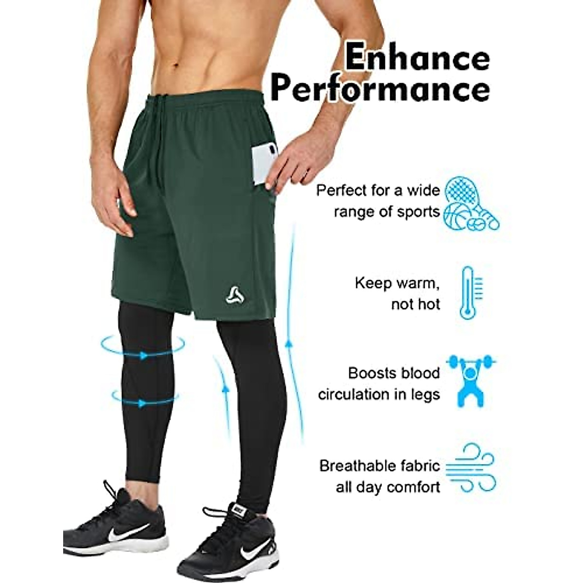 SILKWORLD Men's 2 in 1 Running Compression Tights Pants Mesh Athletic Workout Gym Legging,Black,Large