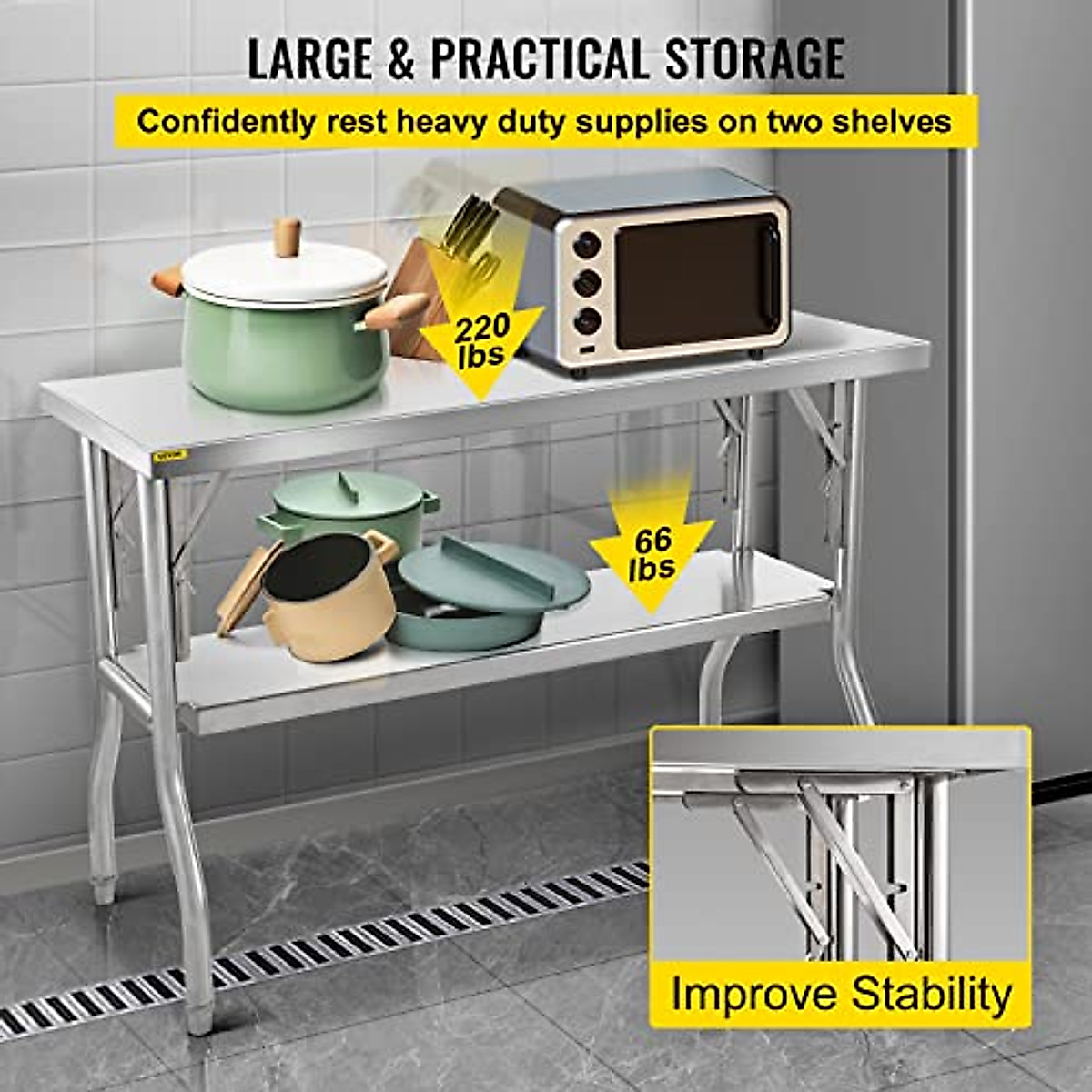 VEVOR Commercial Worktable Workstation 48 x 24 Inch Folding Commercial Prep Table, Heavy-duty Stainless Steel Folding Table with 772 lbs Load, Kitchen Work Table, Silver Stainless Steel Kitchen Island