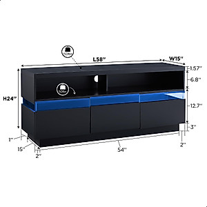 T4TREAM LED TV Stand for 65 Inch TV, Modern Gaming Entertainment Center with LED Lights, Media Storage Console Table with Large Sliding Drawer & Side Cabinets for Living Room, Solid Black, 58 Inch