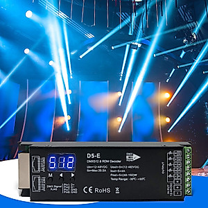 5 Channel DMX Decoder with RDM Digital Display,DMX512 Dimmer Driver PWM RGBCCT LED Controller for RGBWW RGBW or 5group White lightstrips LED Module Light Input 12V-48VDC