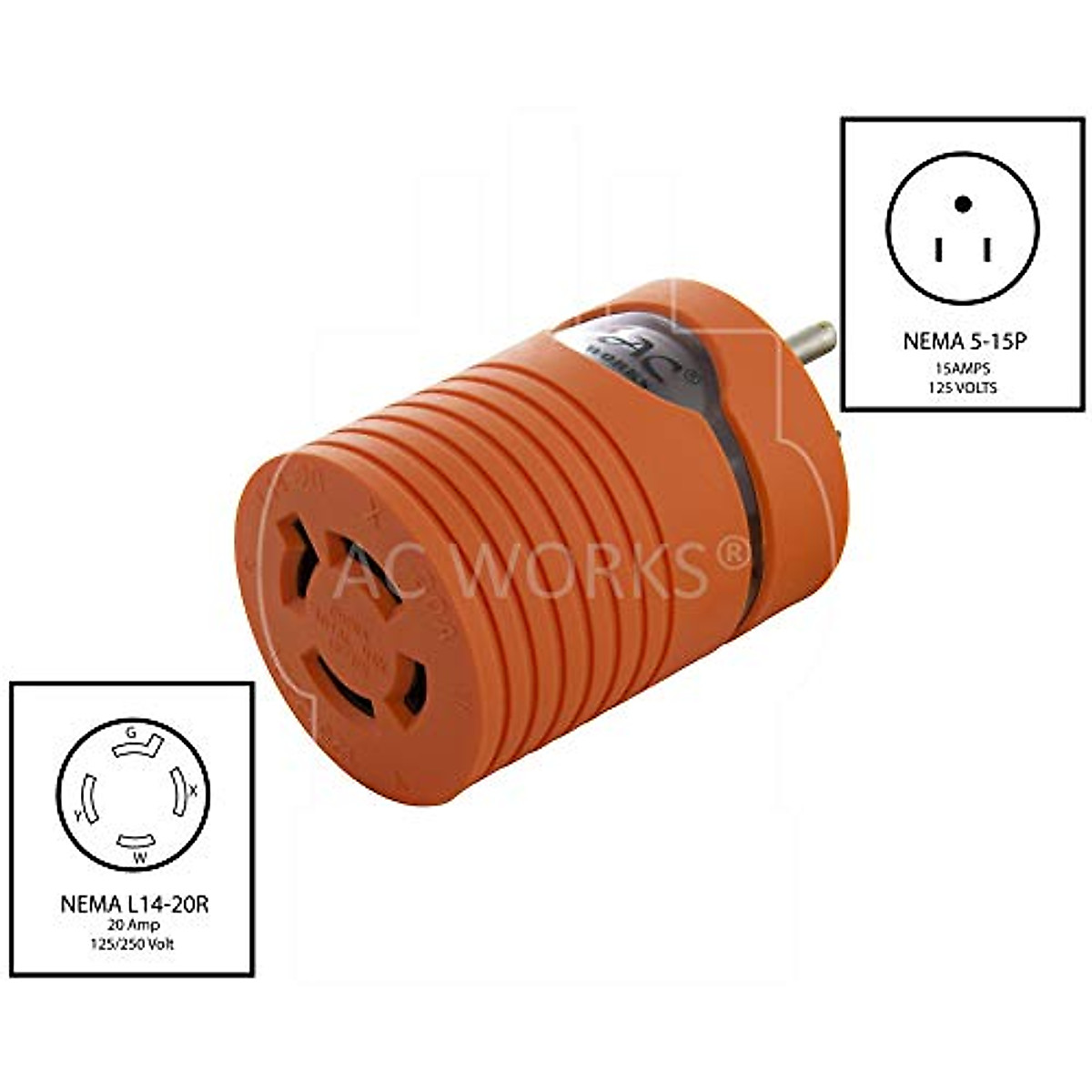 AC WORKS [AD515L1420] 15Amp Household Plug NEMA 5-15P to Generator 4 Prong 20Amp L14-20R (Two hots bridged)