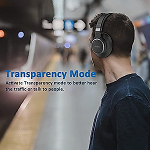 KVIDIO Active Noise Cancelling Headphones, 65 Hours Playtime Bluetooth Headphones with Microphone, Transparency Mode, Deep Bass and Hi-Fi Stereo Sound (Black)