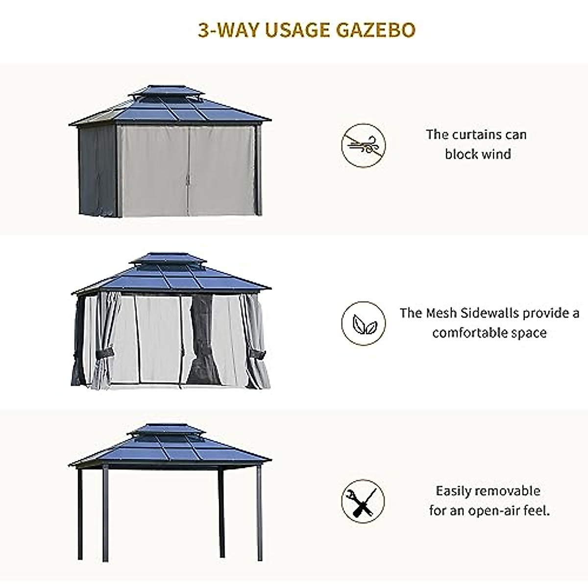 Outsunny 10' x 12' Hardtop Gazebo Canopy with Polycarbonate Roof, Aluminum Frame, Permanent Pavilion Outdoor Gazebo with Netting, for Patio, Garden, Backyard, Deck, Lawn, Light Gray